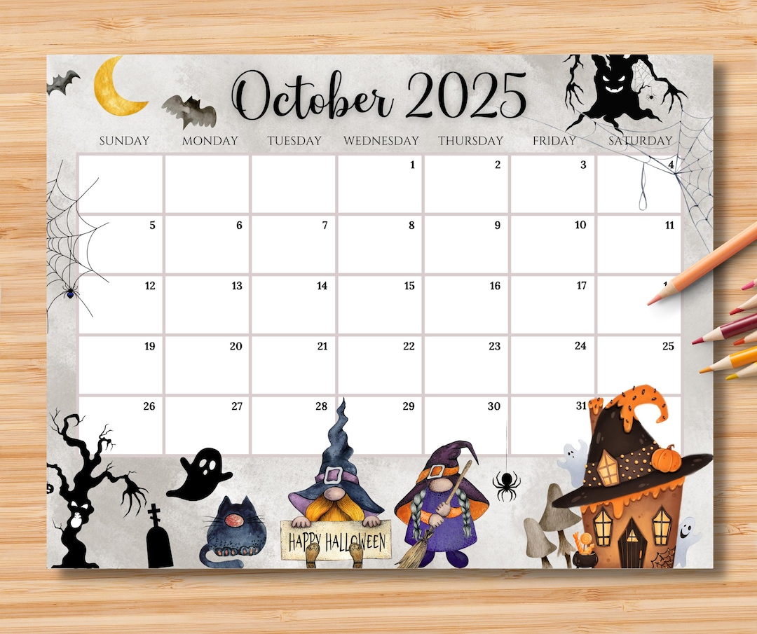 EDITABLE October 2025 Calendar, Happy Halloween With Cute Gnomes ...