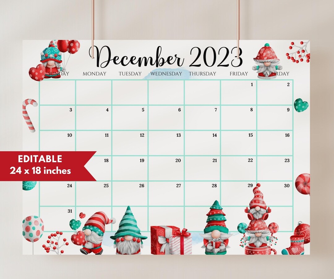 EDITABLE December 2023 Calendar 24x18 Adorable - Etsy UK