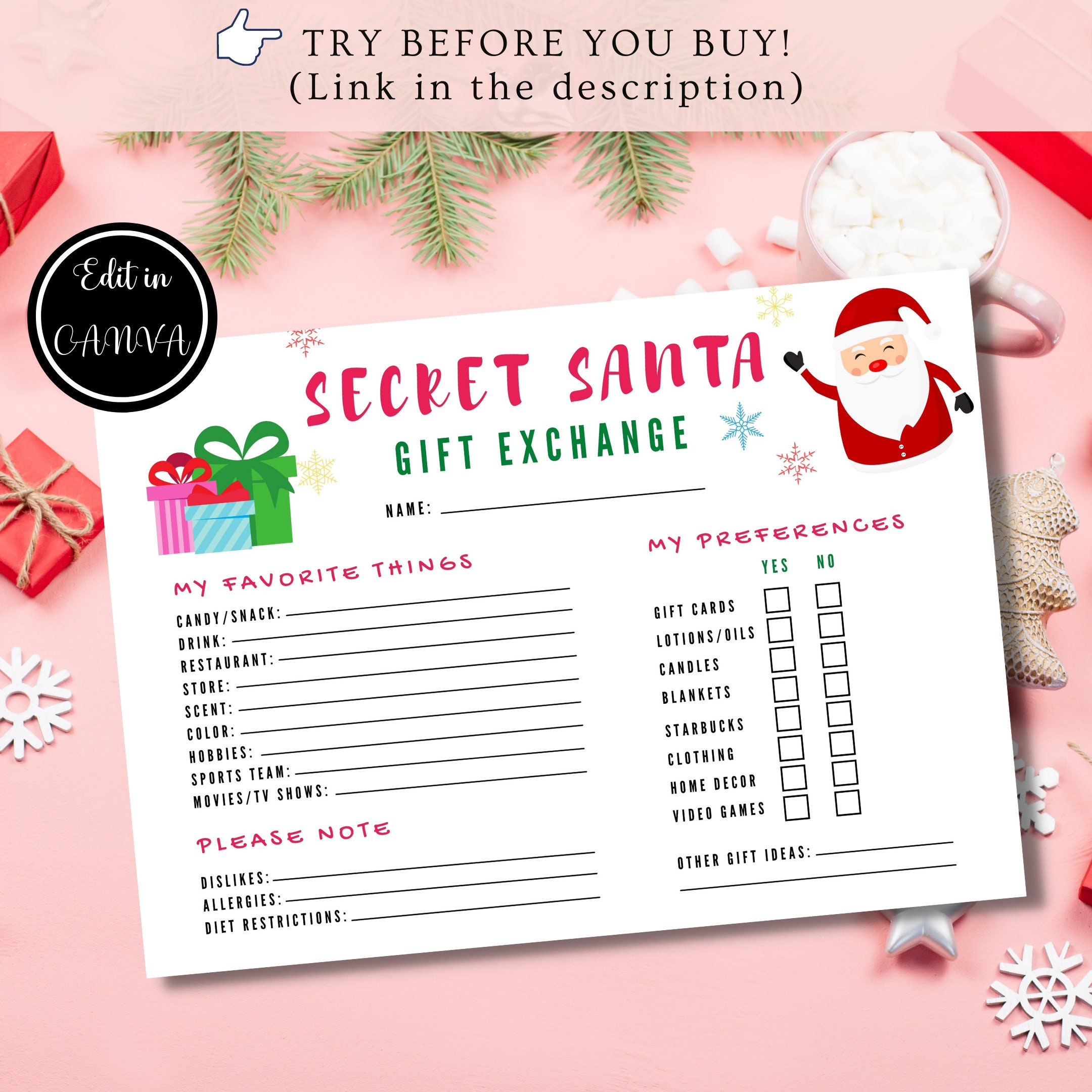 Editable Secret Santa Questionnaire Secret Santa Form Secret - Etsy ...