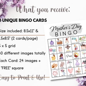 Printable Mother's Day Bingo, 50 Unique Bingo Cards W/labels, Mother's ...
