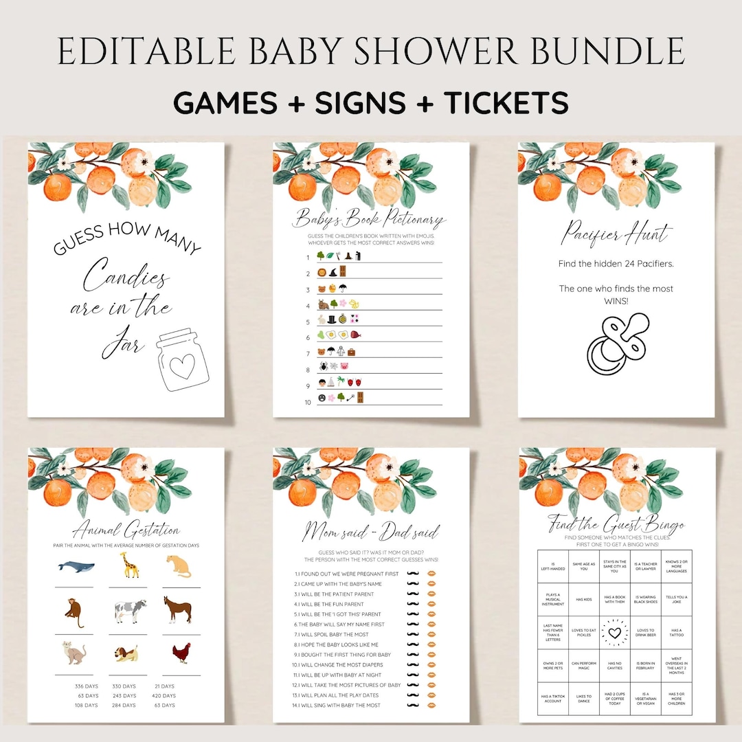 Little Cutie Baby Shower Game Bundle, Orange Citrus Baby Shower Game Package, Clementine Set ...