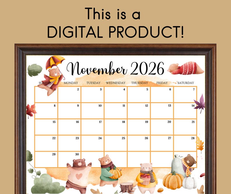 Calendario de noviembre de 2026 editable / Planificador mensual para ...