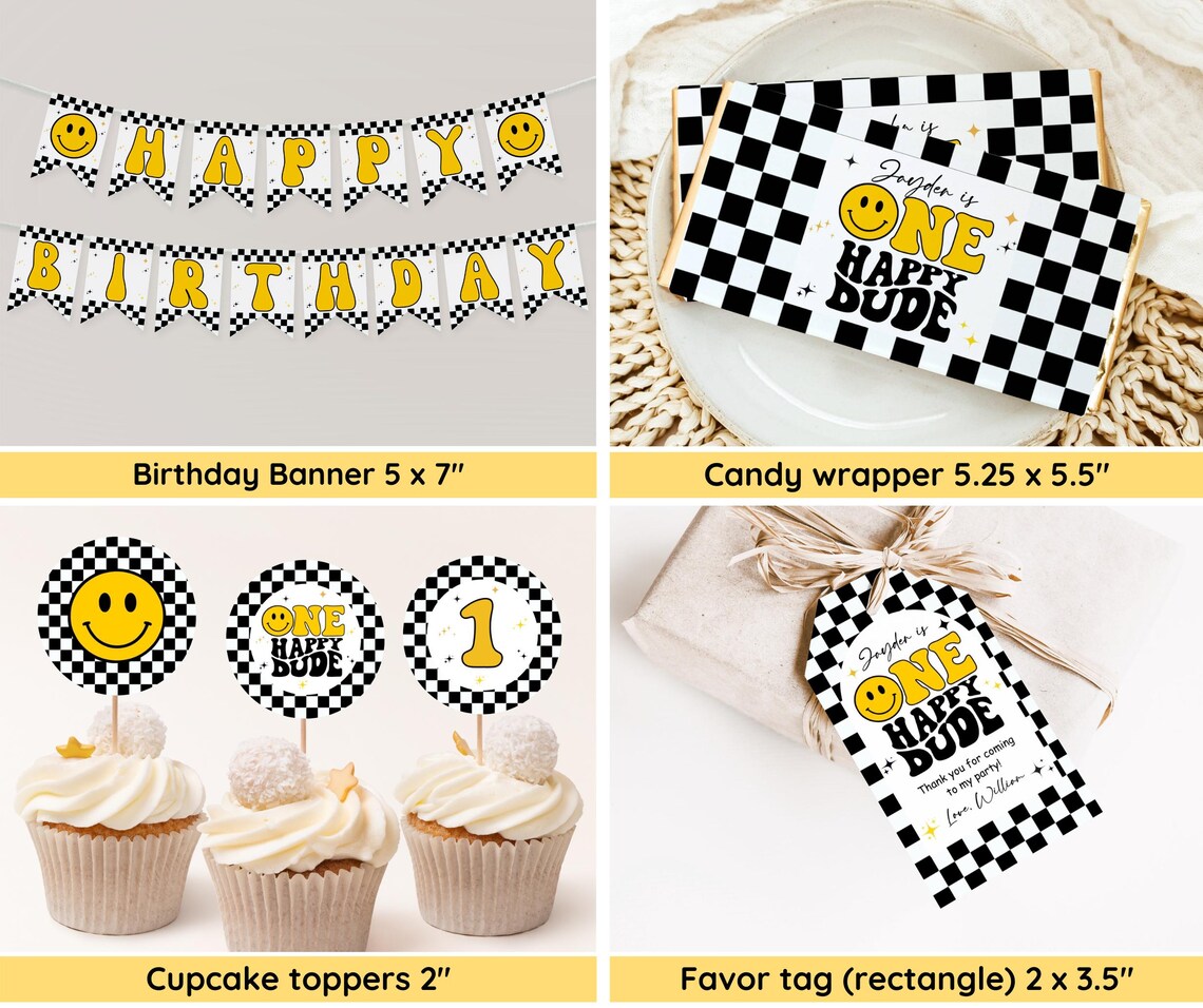 One Happy Dude Birthday Invitation Bundle, Editable Retro One Happy ...