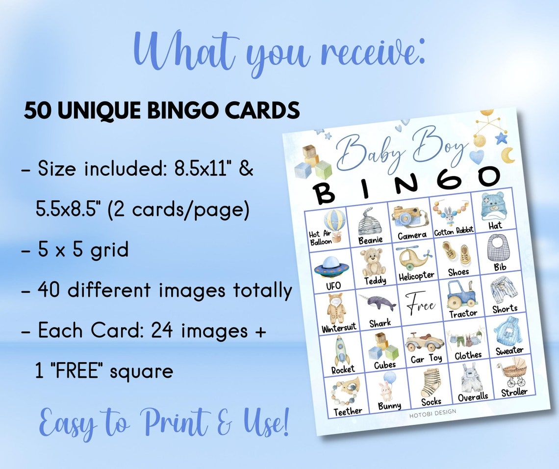50 Baby Boy Bingo Game Cards, Watercolor Blue Aesthetic, Baby Bingo ...