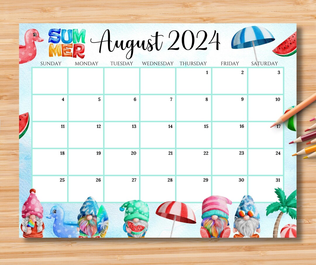 Calendario EDITABLE agosto 2024, Hermoso verano colorido con lindos ...