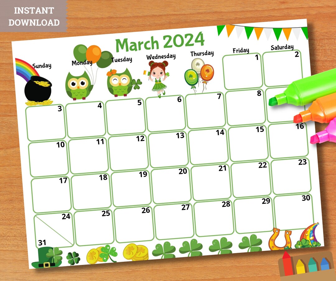 EDITABLE March 2024 Calendar, Happy St. Patrick's Day Planner ...