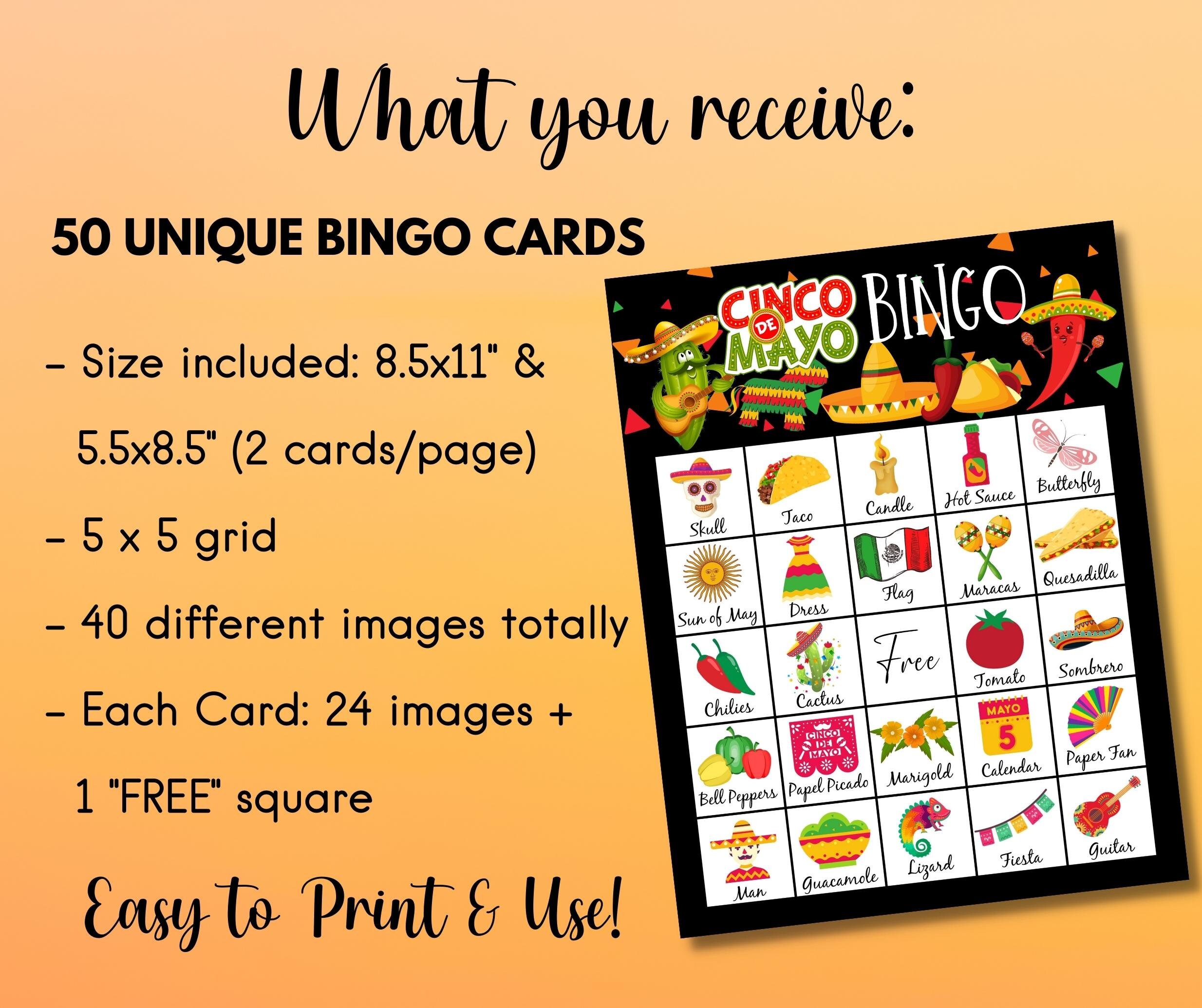Cinco De Mayo Bingo Game, 50 Unique Bingo Cards W/labels, Mexican ...