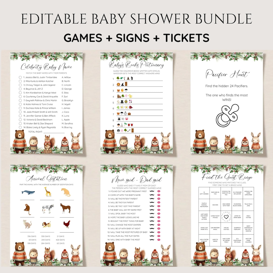 Christmas Baby Shower Game Bundle, Woodland Animals, Merry Little Baby ...