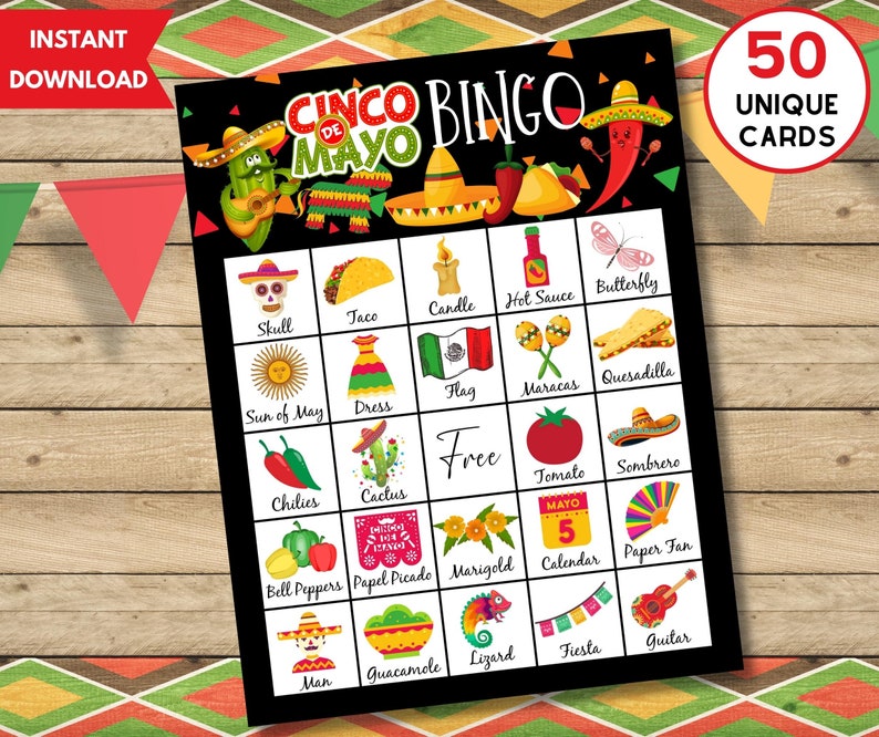Cinco De Mayo Bingo Game, 50 Unique Bingo Cards W/labels, Mexican ...