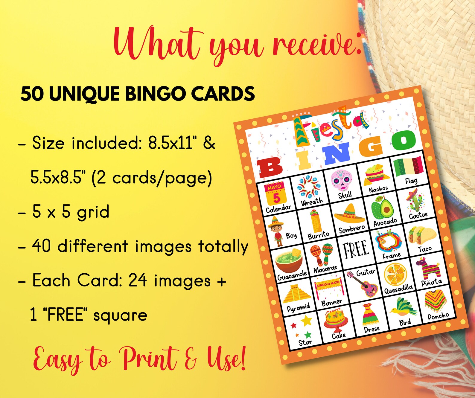 Printable Fiesta Bingo Game, 50 Unique Bingo Cards W/labels, Cinco De ...