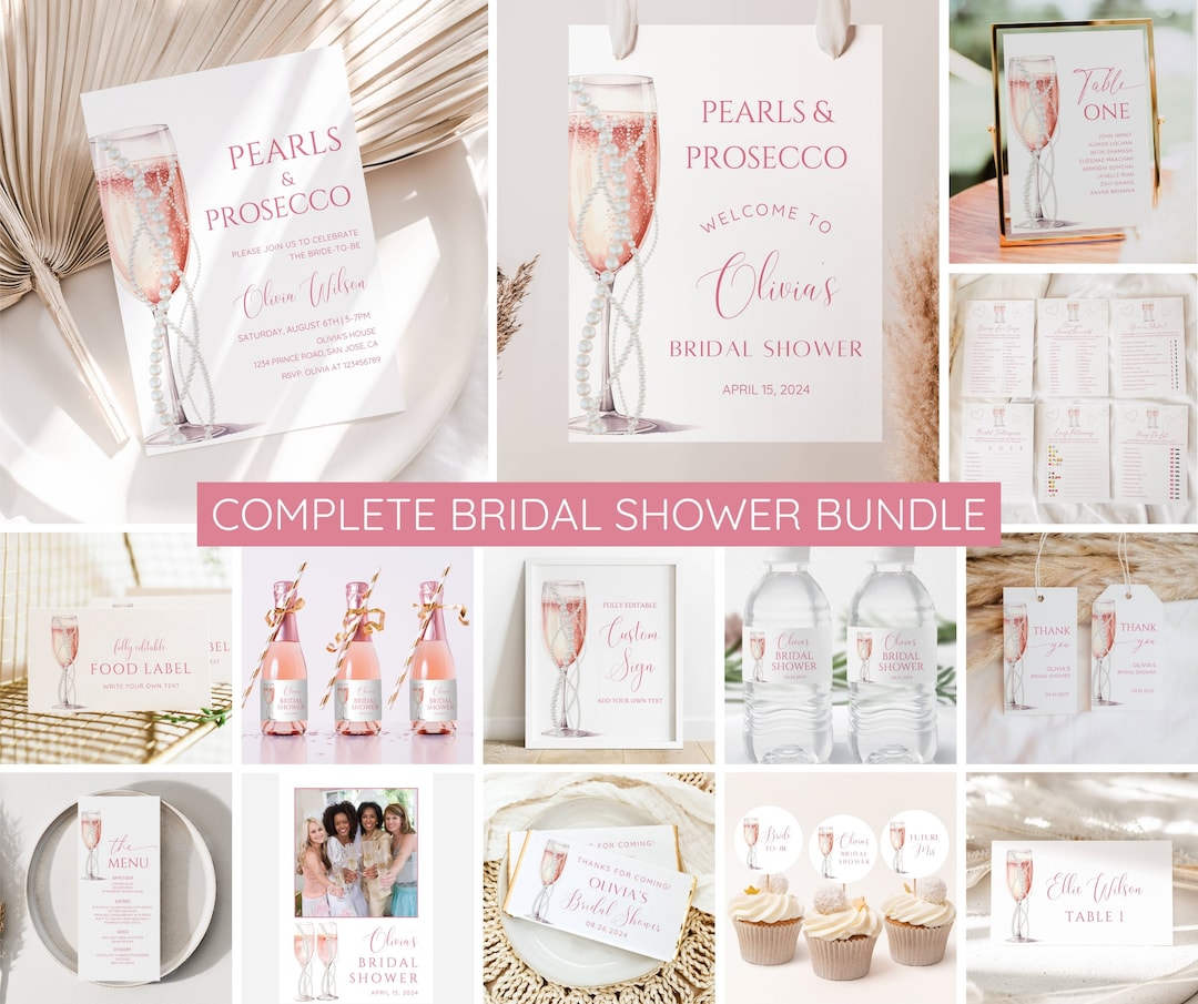 Pearls and Prosecco Bridal Shower Invitation Bundle, Minimalist Pearl ...