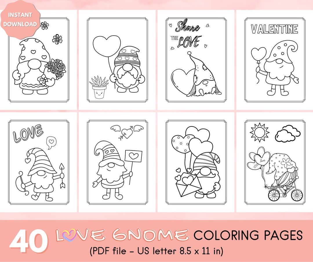 40 Valentine Gnome Coloring Pages for Kids, Valentine Gnome Coloring ...