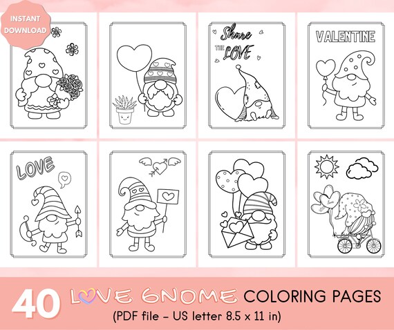 40 Valentine Gnome Coloring Pages for Kids Valentine Gnome | Etsy