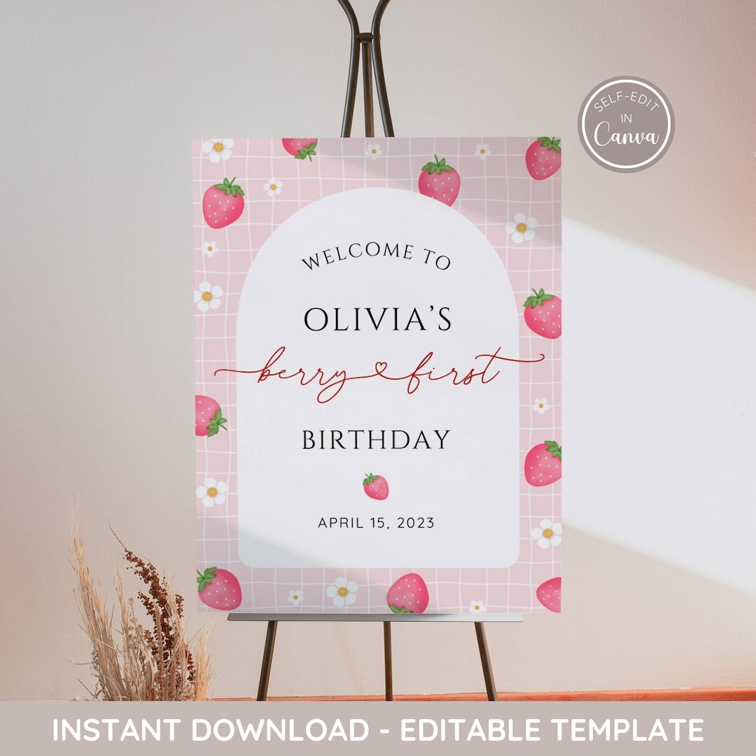 Berry First Birthday Welcome Sign Modern Strawberry Birthday 1st ...