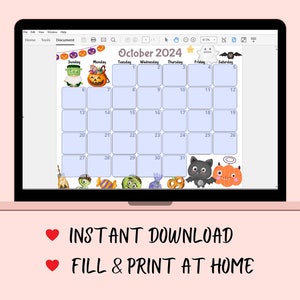EDITABLE October 2024 Calendar, Printable Kids Calendar 2024, Classroom ...