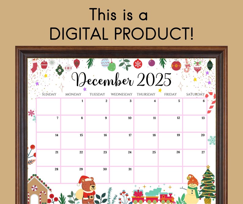 EDITABLE December 2025 Calendar, Colorful Christmas W/ Cute Ornaments ...
