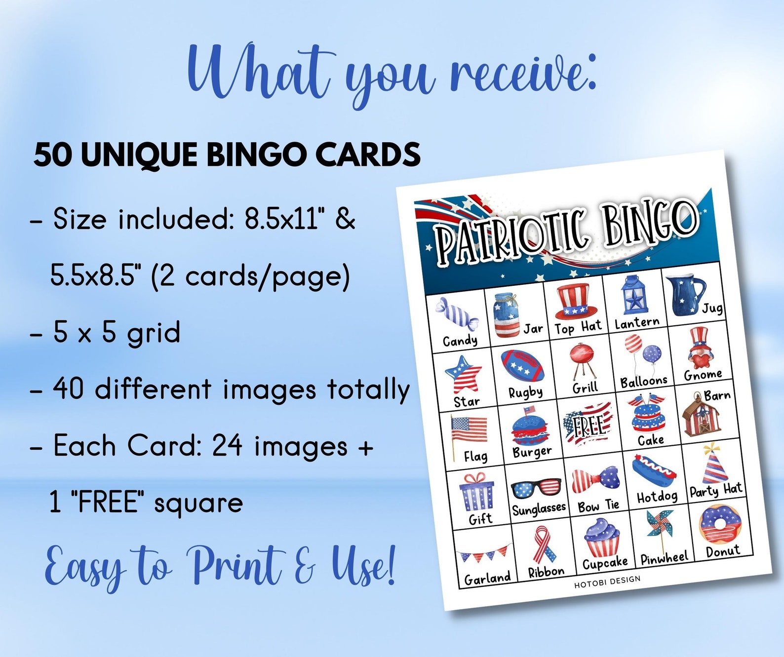 50 Patriotic Bingo Game Cards, 4th of July Bingo, Independence Day ...