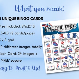 50 Patriotic Bingo Game Cards, 4th of July Bingo, Independence Day ...