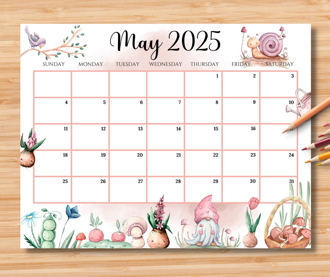 Editable May 2025 Calendar, Hello Spring With Cute Gnome & Mushroom ...