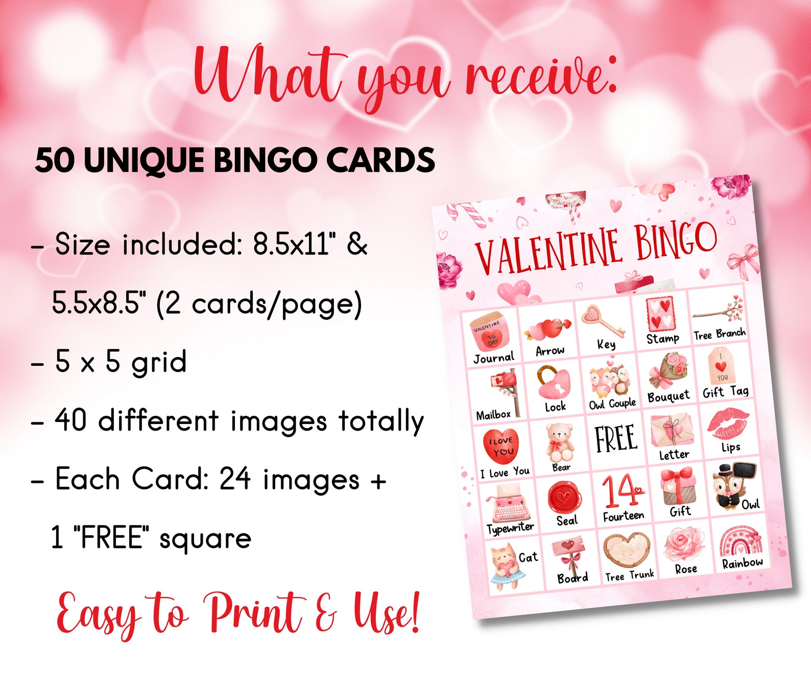 Printable Valentine Bingo Game 50 Unique Bingo Cards - Etsy
