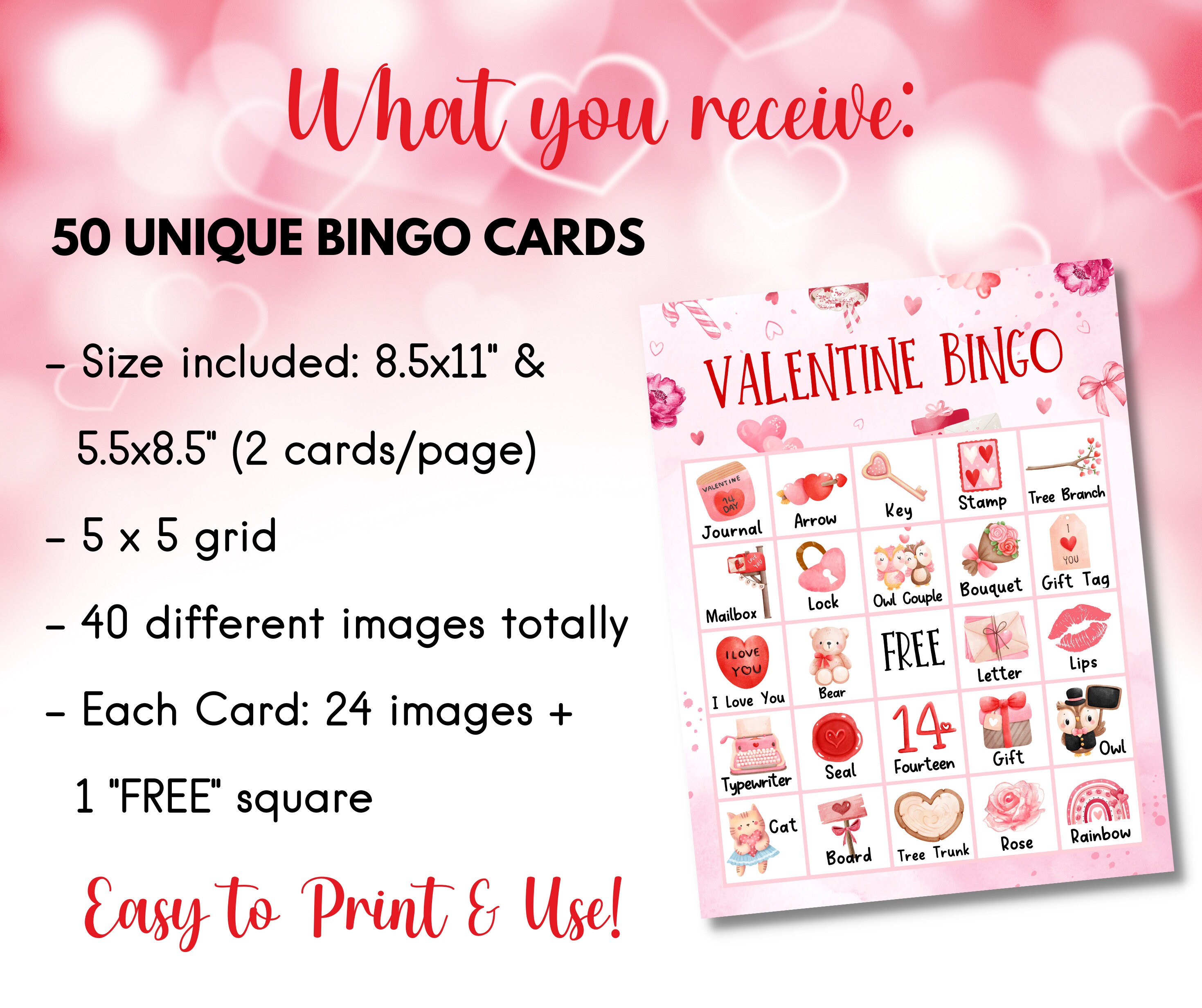 Printable Valentine Bingo Game, 50 Unique Bingo Cards W/labels ...