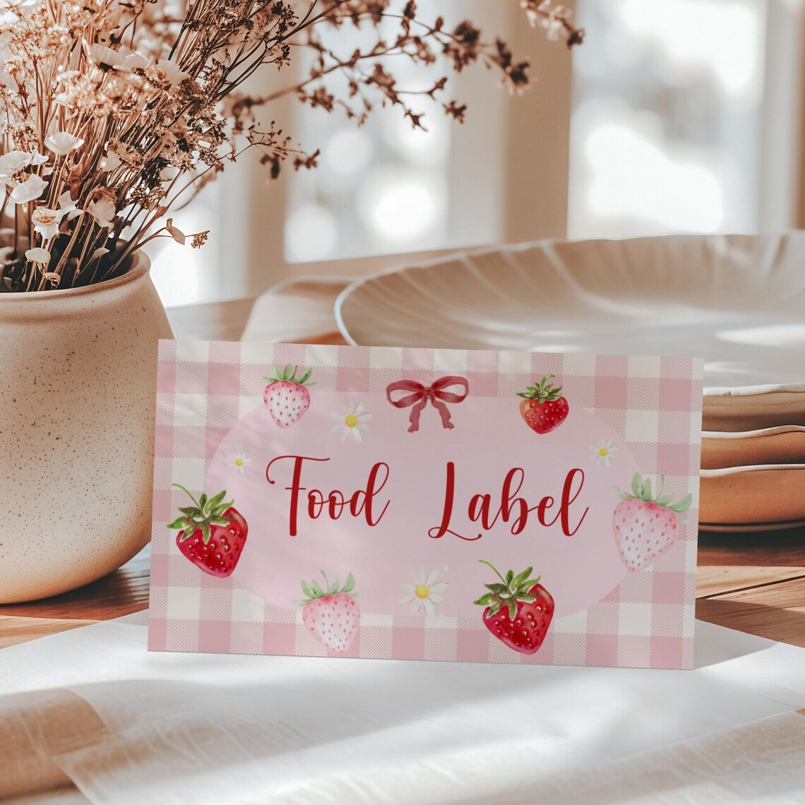 Editable Berry First Berry Sweet Place Card, Pink Gingham Strawberry ...