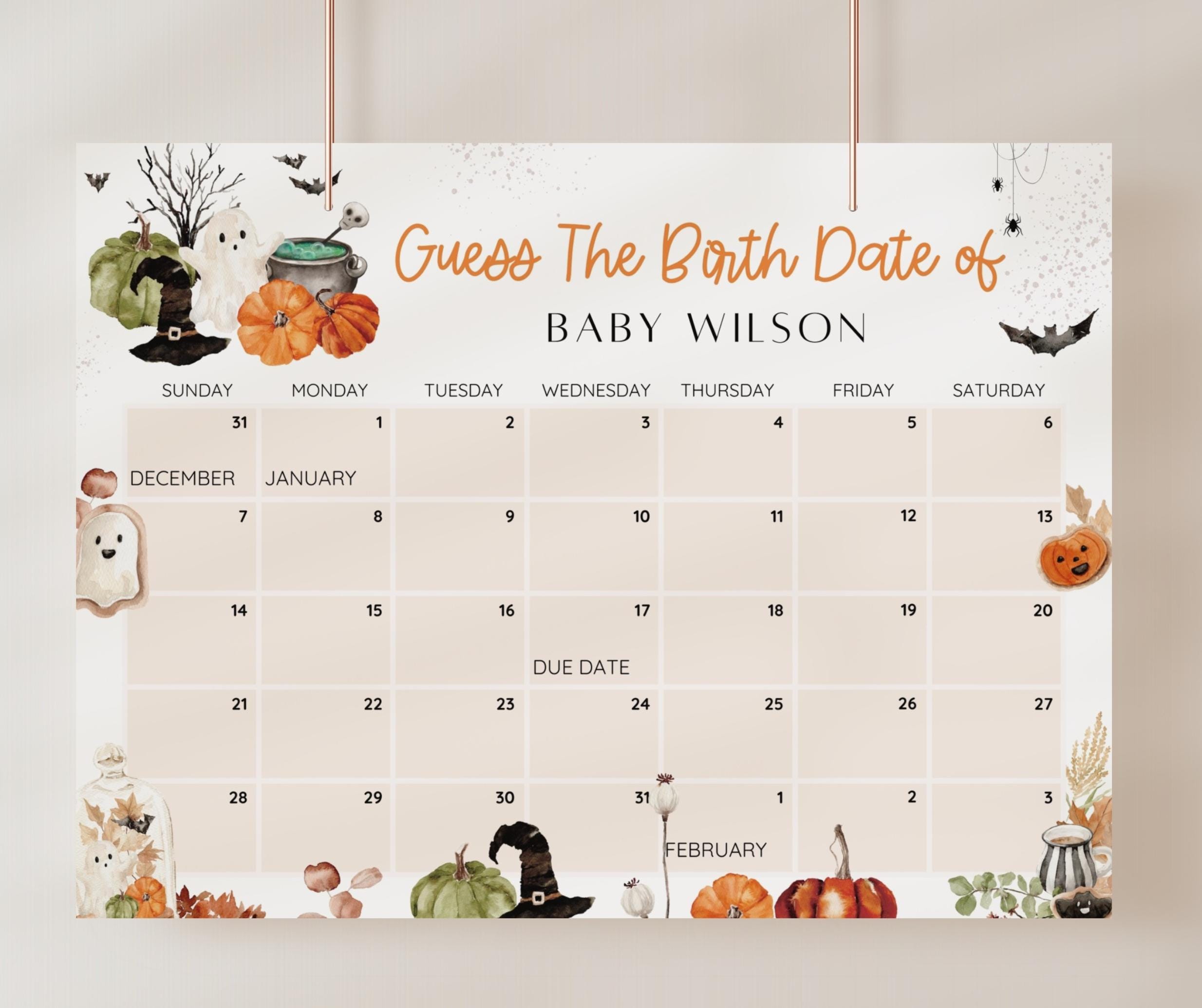 A Baby is Brewing Baby Due Date Calendar, Spooky Halloween Prediction ...