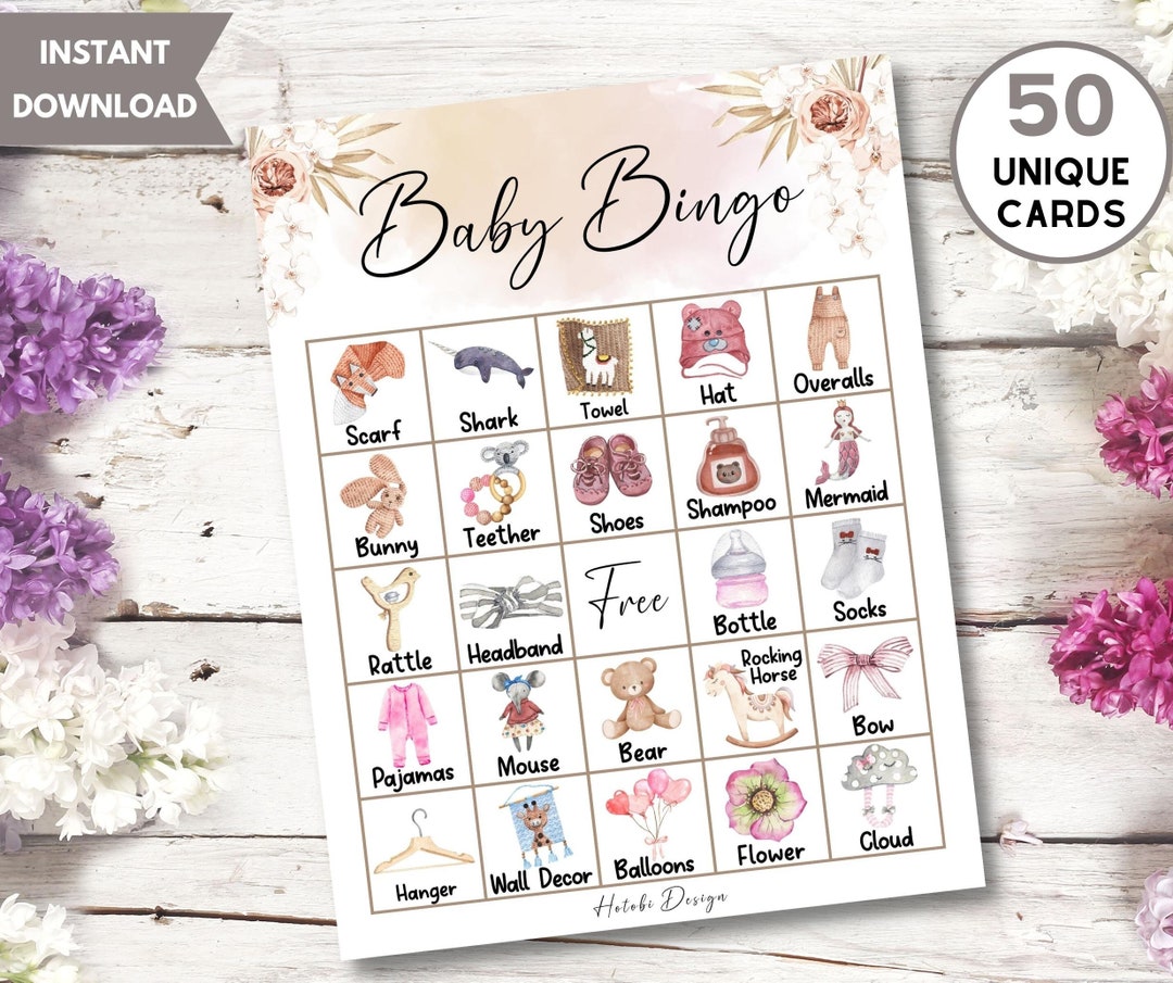Printable Baby Bingo Game, Neutral Boho Aesthetic, 50 Unique Bingo ...