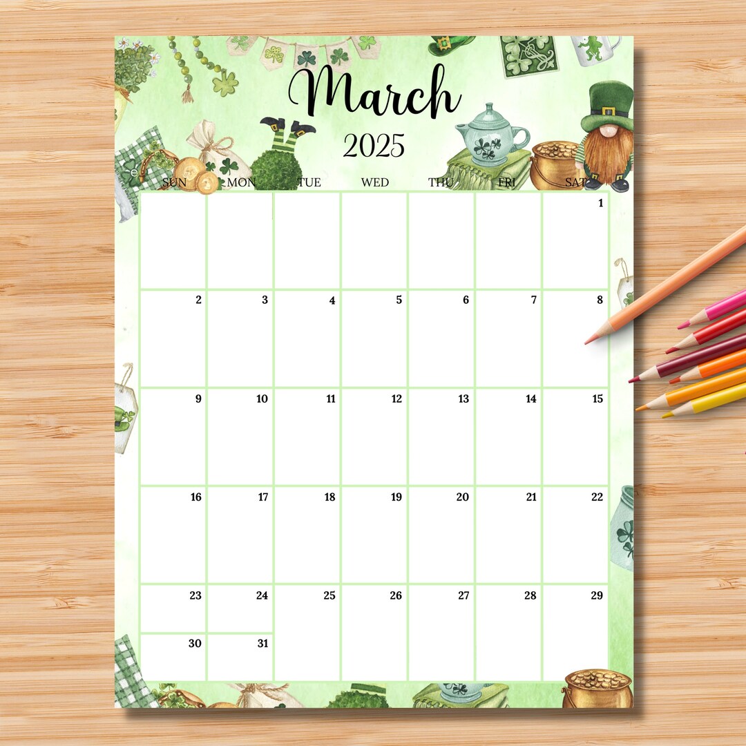 EDITABLE March 2025 Calendar vertical / Portrait, St. Patrick's Day ...