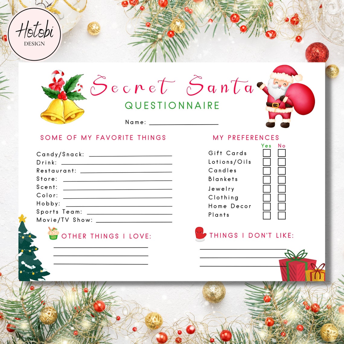 Secret Santa Questionnaire Printable, Secret Santa Form Secret Santa ...