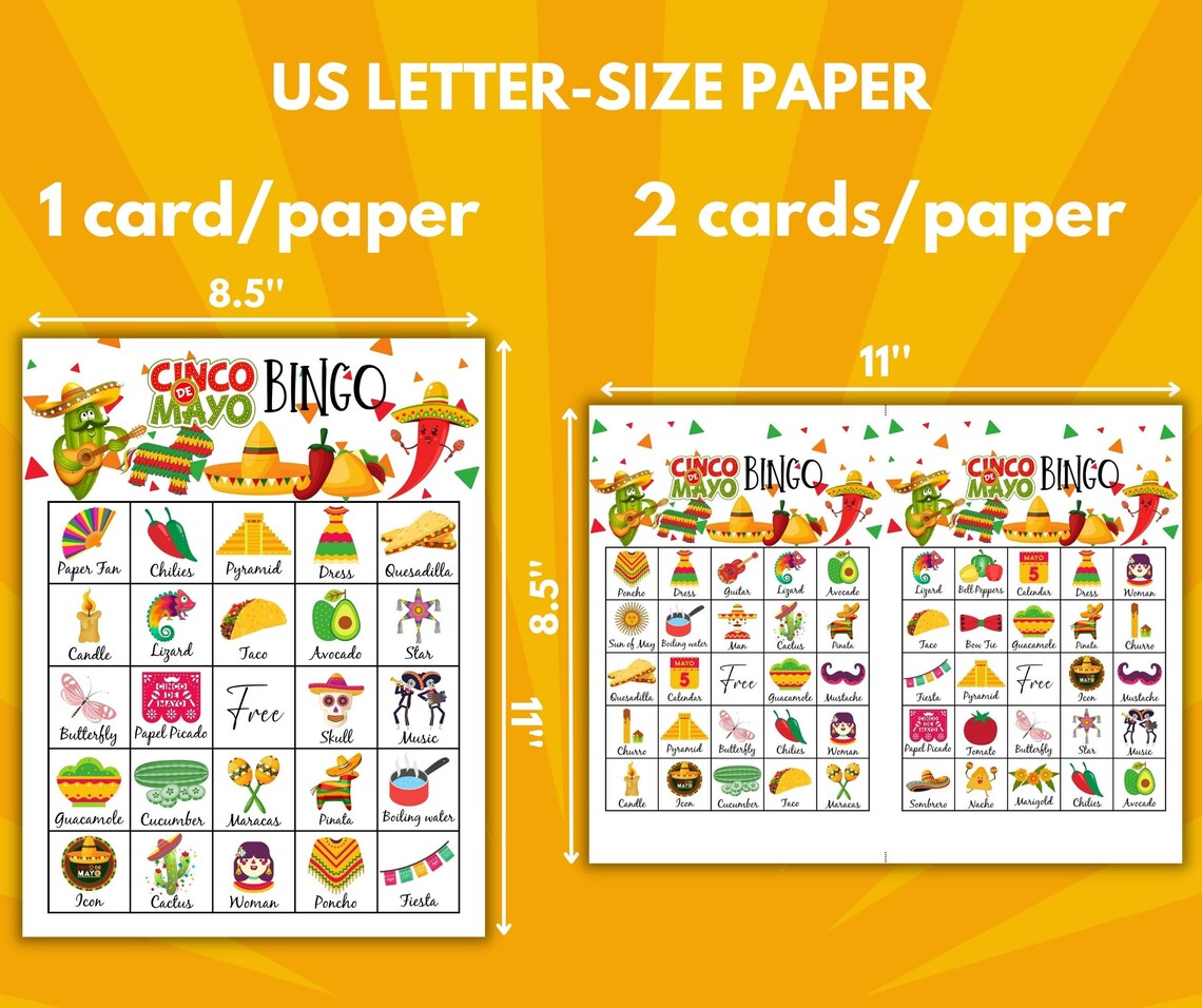 Cinco De Mayo Bingo Game, 50 Unique Bingo Cards W/labels, Mexican ...