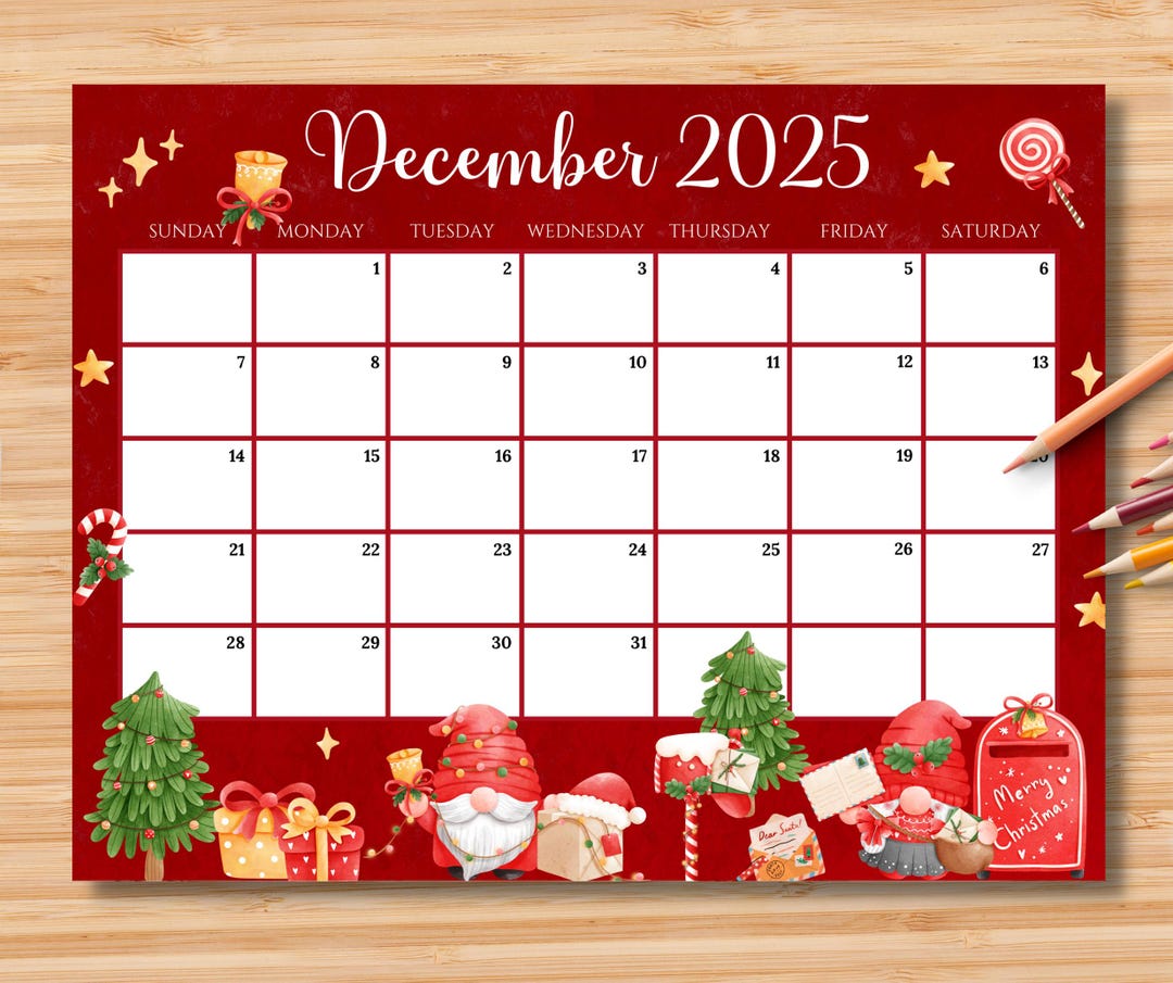 EDITABLE December 2025 Calendar, Cheerful Christmas With Mail Gnomes ...
