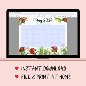 EDITABLE May 2024 Calendar Beautiful Spring With Cute Bugs - Etsy UK