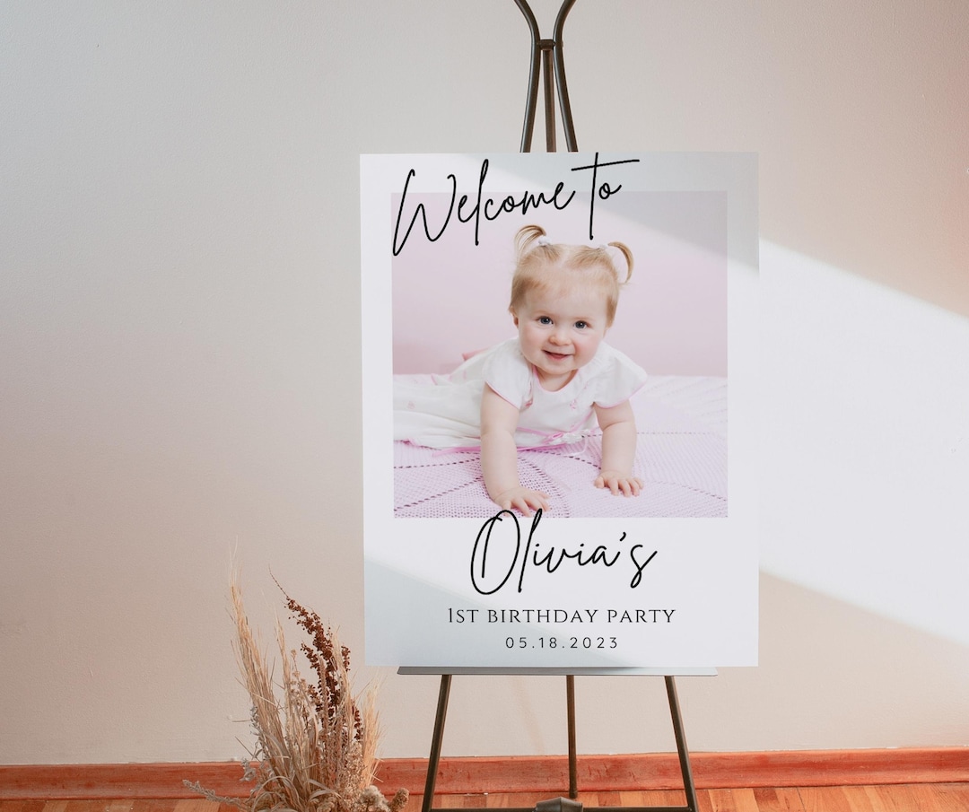 Minimalist First Birthday Welcome Sign, Modern Photo Birthday 1st ...