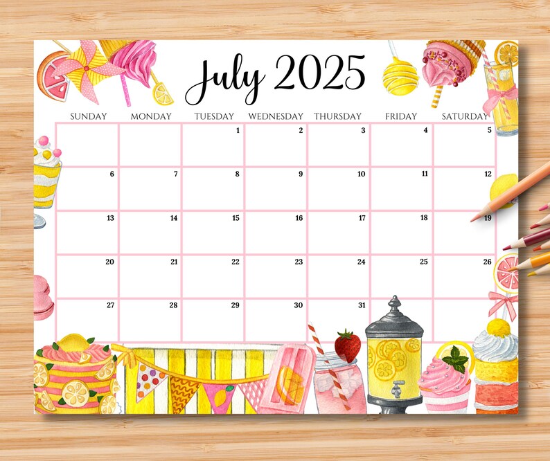 Editable July 2025 Calendar, Cute Summer With Sweets & Drinks Planner ...