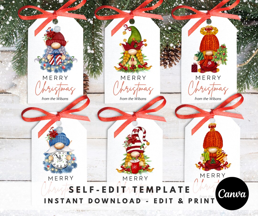 EDITABLE Christmas Gift Tag, Holiday Gift Tag Template With Cute Gnomes ...