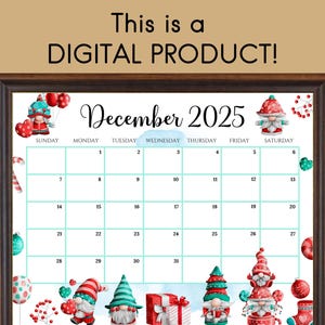 EDITABLE December 2025 Calendar, Adorable Christmas W/ Cute Gnomes ...