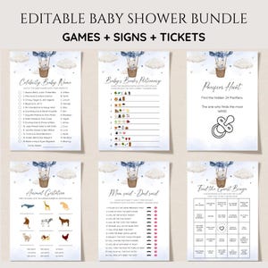 Bear Baby Shower Game Bundle, Air Balloon Baby Shower Game Package, We Can Bearly Wait, Blue Boy ...