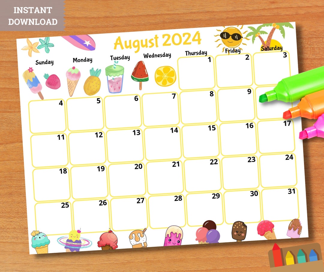 EDITABLE August 2024 Calendar, Printable Kids Calendar 2024, Classroom ...