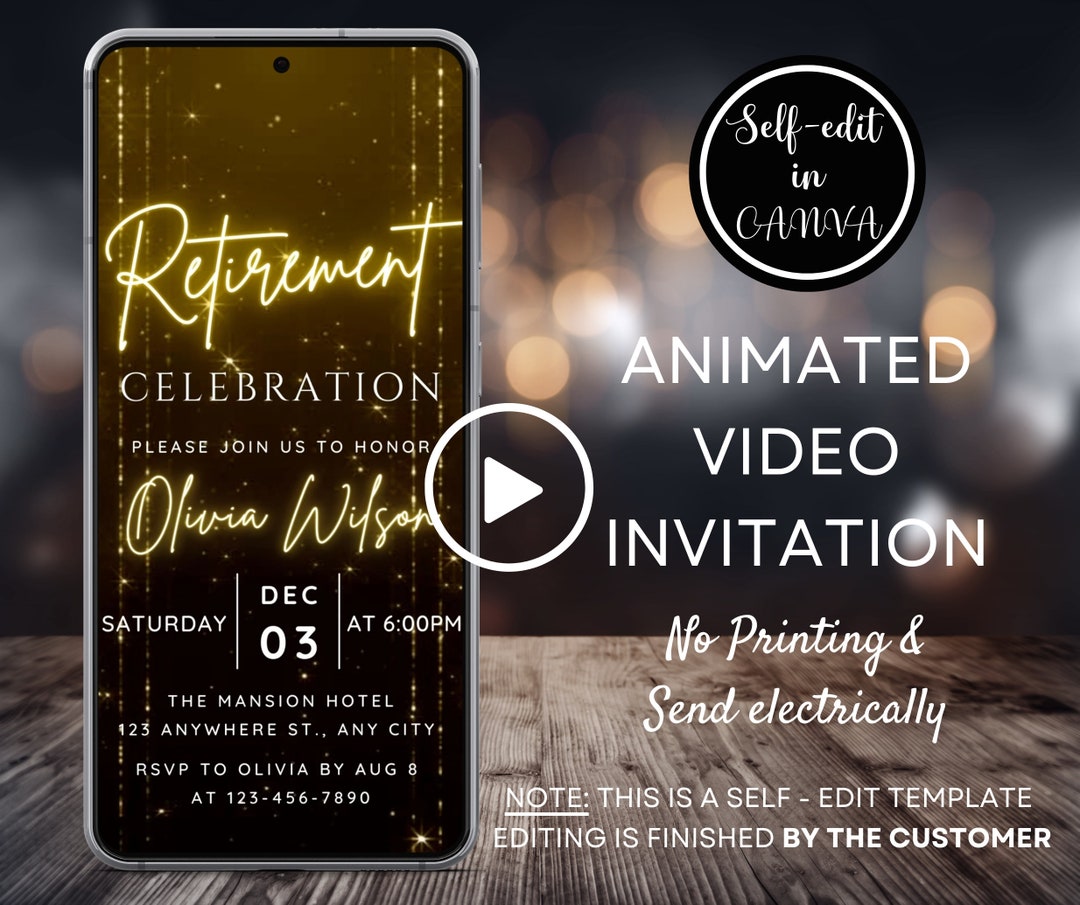 Video Retirement Party Invitation, Black and Gold Invite, Electronic ...