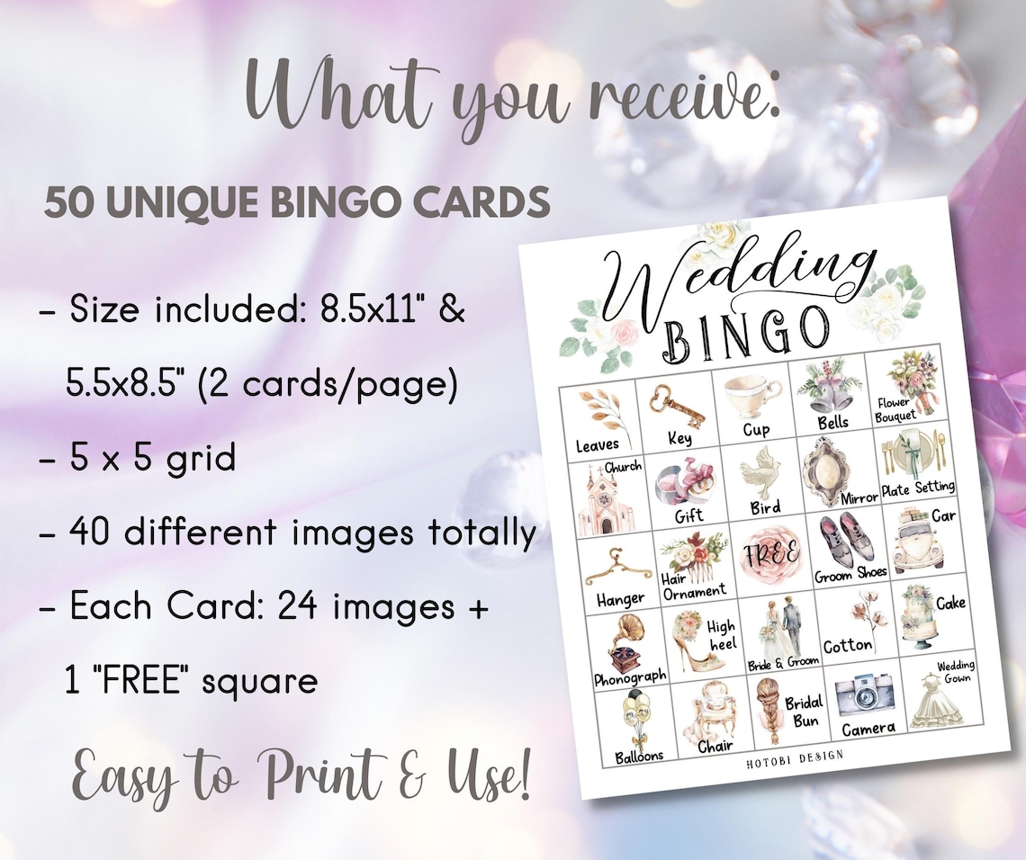 Wedding Bingo Cards, 50 Unique Bingo Cards W/labels, Printable Bingo ...