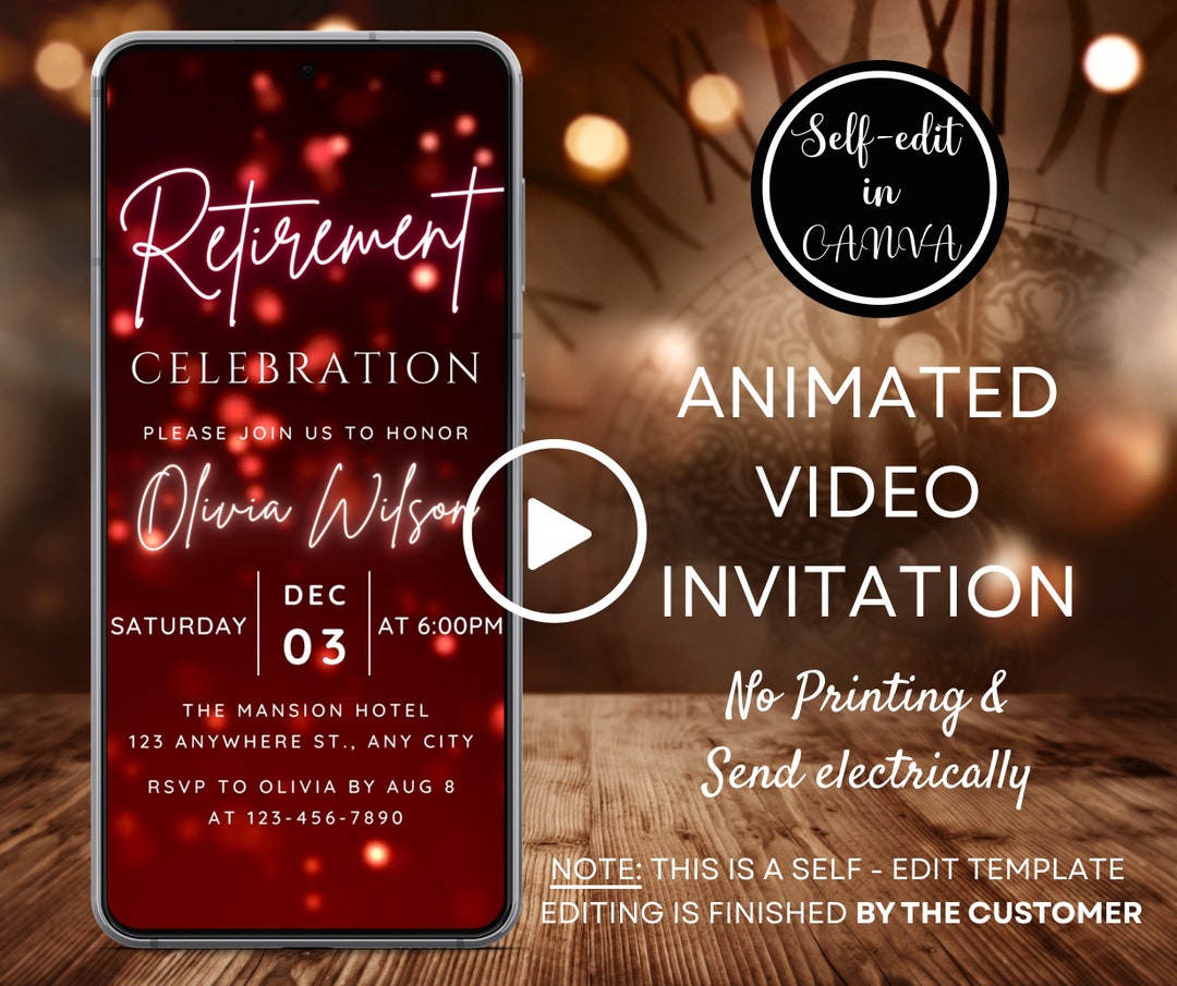 Video Retirement Party Invitation, Elegant Red Invite, Electronic ...