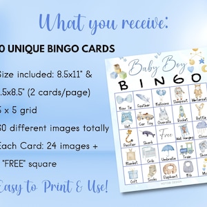 100 Baby Boy Bingo Game Cards, Watercolor Blue Aesthetic, Baby Bingo ...