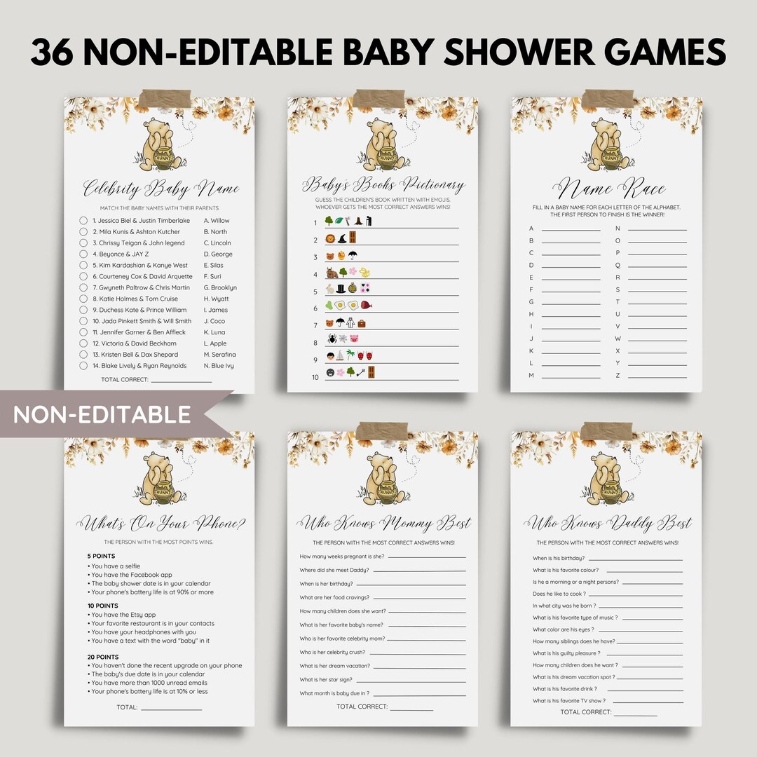 Winnie the Pooh Baby Shower Games Bundle (non-editable), Vintage Pooh ...