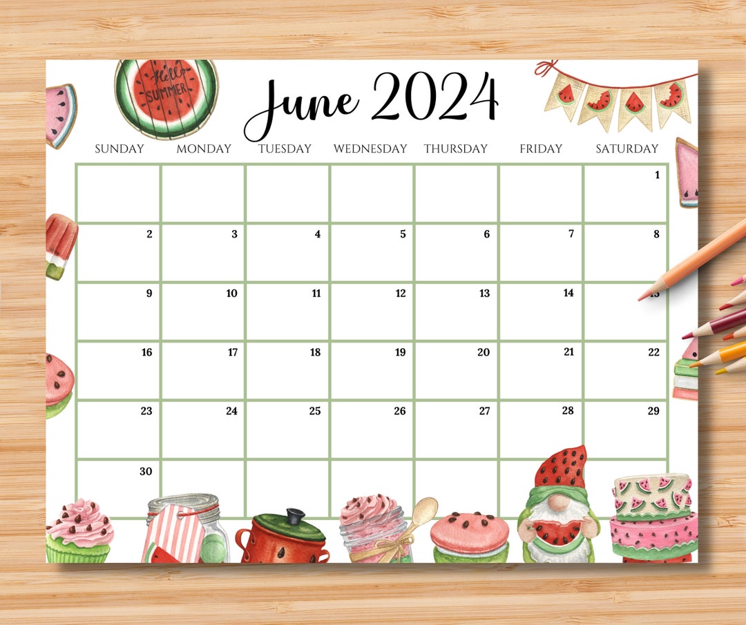 EDITABLE June 2024 Calendar Hello Summer w/ Cute Gnome and - Etsy España
