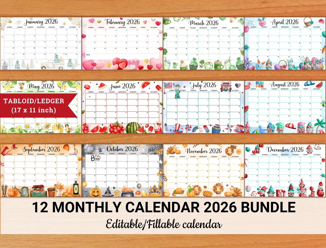 EDITABLE 2026 Calendar Bundle – Ledger/tabloid Size (17x11in ...