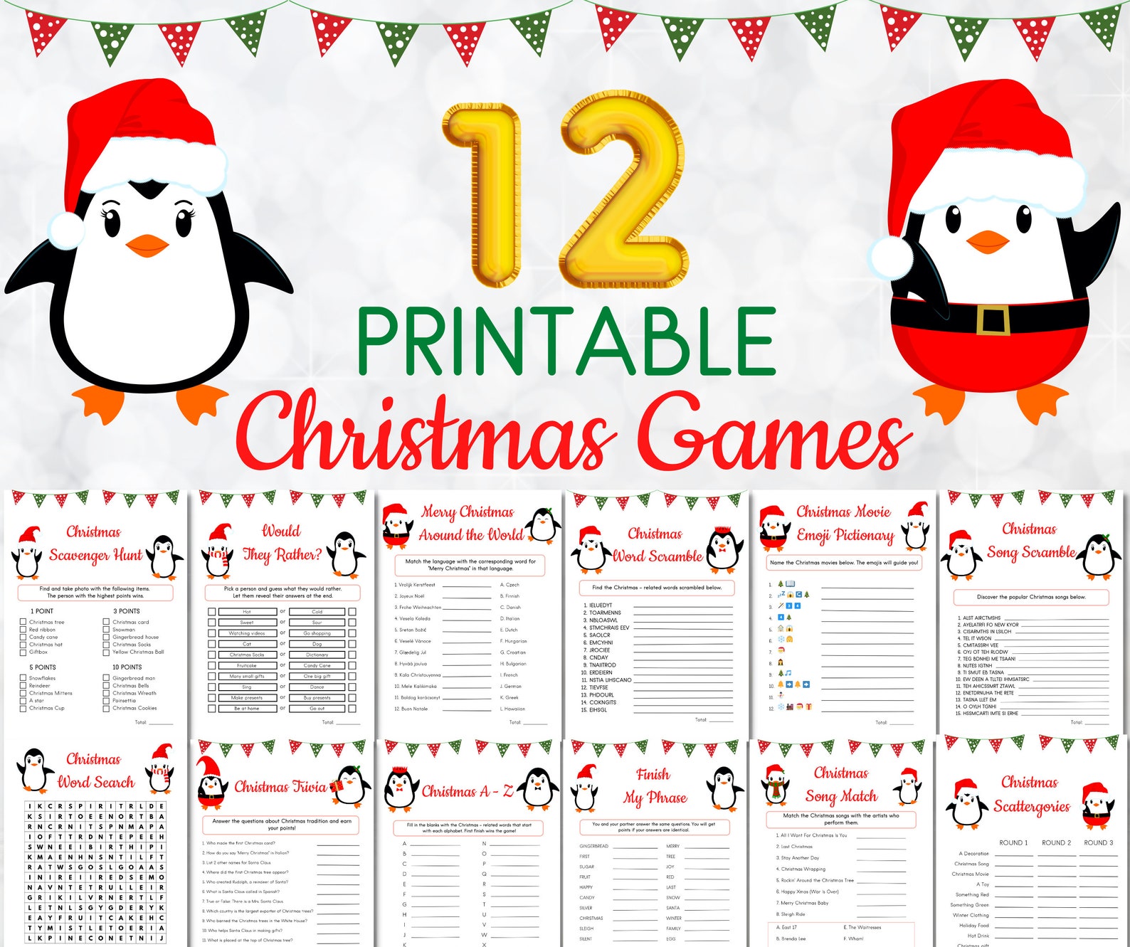 12 Printable Christmas Game Bundle, Christmas Party Games for Kids ...