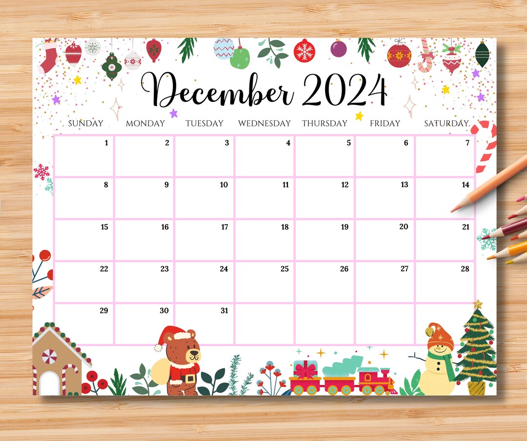 EDITABLE December 2024 Calendar, Colorful Christmas W/cute Ornaments ...