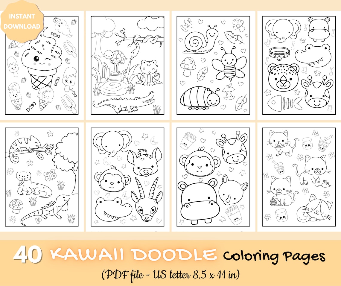 40 Printable Kawaii Doodle Coloring Pages for Kids Teens Adults, Cute ...