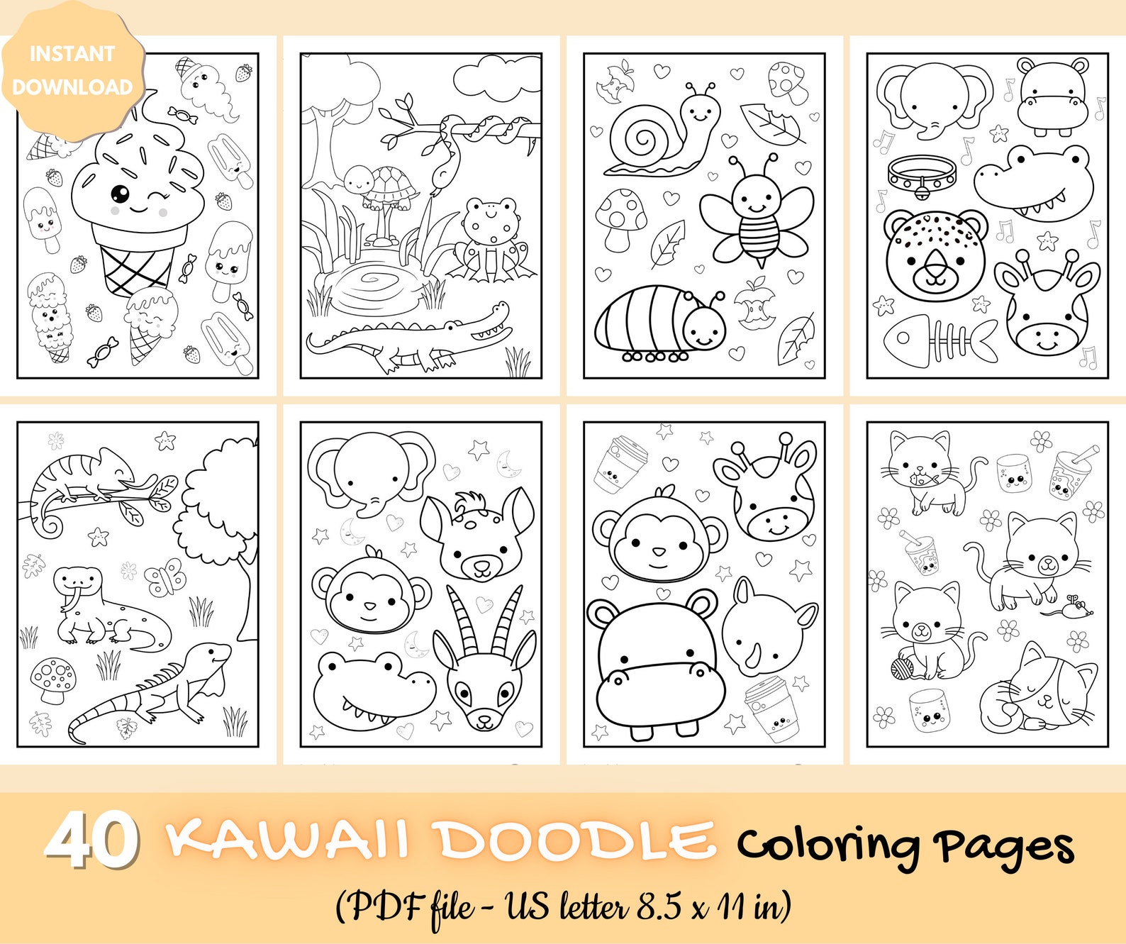 40 Printable Kawaii Doodle Coloring Pages for Kids Teens Adults, Cute ...